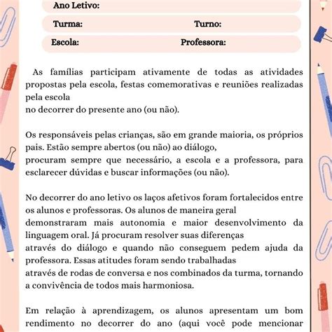Modelo De Relatório Para Educação Infantil Individual E Turma Viga