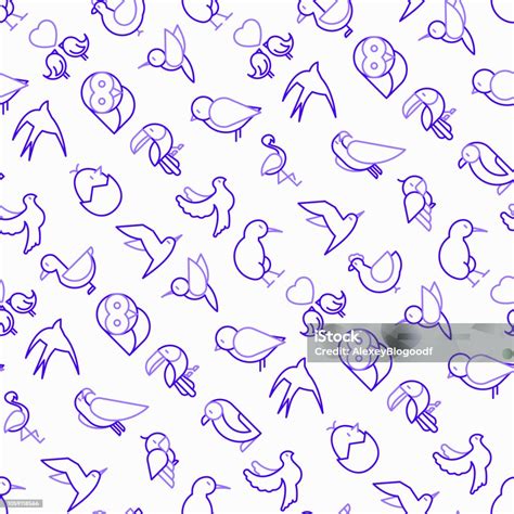 얇은 선 아이콘으로 새 원활한 패턴 비둘기 부엉이 펭귄 참새 제비 키 위 앵무새 독수리 허 밍 버드 핑크 플라밍고 현대 벡터 일러스트입니다 갈매기에 대한 스톡 벡터 아트 및