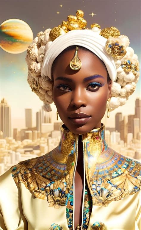 An African Woman Wearing Gold And White Clothing With Her Hair In A Turban