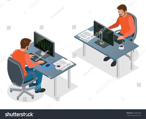 Isometric Young Programmer Coding New Project Stock Vector Royalty