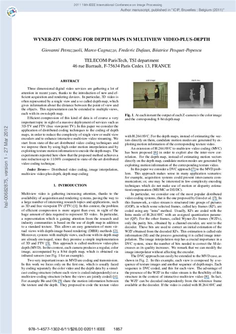 Pdf Wyner Ziv Coding For Depth Maps In Multiview Video Plus Depth