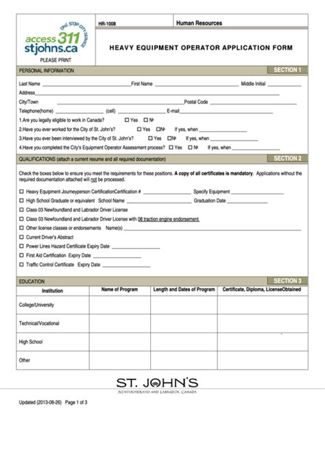 Fillable Heavy Equipment Operator Application Form Printable Pdf Download