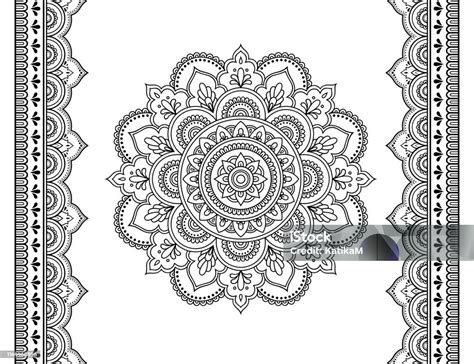 헤나 드로잉과 문신을위한 만다라 패턴과 매끄러운 테두리 세트 민족 동양 멘디 인도 스타일의 장식 흑백으로 장식 손으로 벡터 그림을 그립니다 0명에 대한 스톡 벡터 아트 및