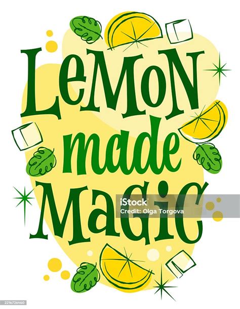 레몬이 마법을 만들었다 타이포그래피는 복고풍 감각이 가미된 장난스럽고 대담한 레터링이 특징입니다 장식 요소에는 레몬 나뭇잎 및 얼음 조각이 포함됩니다 색상 팔레트는 밝은