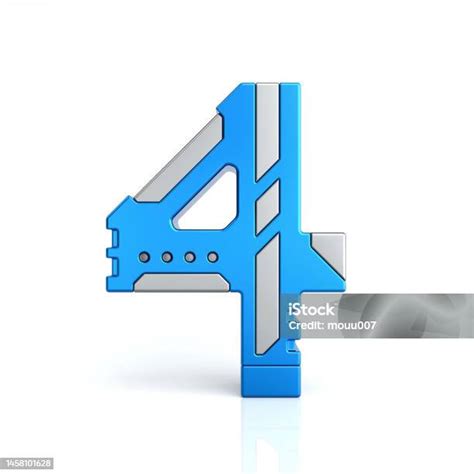 4 위 3d 공상 과학 로고 사이버 기술 추상 질감 알파벳 글꼴입니다 하이테크 금속 번호 4 타이포그래피 캐릭터 디자인 일러스트 블루 실버 금속 텍스트 3d 렌더링 3차원
