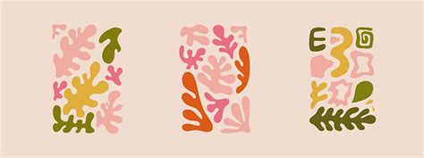 추상 꽃 포스터 템플릿입니다 모던한 트렌디한 마티스 미니멀 스타일 노란색과 빨간색 벽지 포스터 인쇄물 엽서 표지 템플릿 및 배너를 위한 손으로 그린 디자인 0명에 대한 스톡