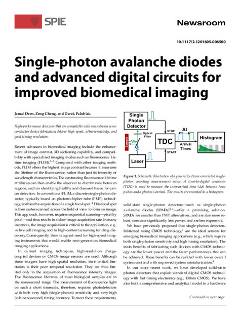 Pdf Single Photon Avalanche Diodes And Advanced Digital Circuits For Improved Biomedical