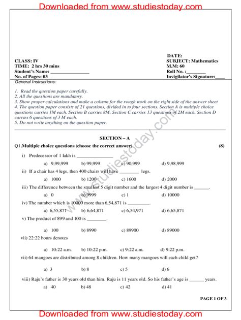 Fillable Online Cbse Class 4 Mathematics Question Paper Set Bpdf Cbse Class 4 Mathematics