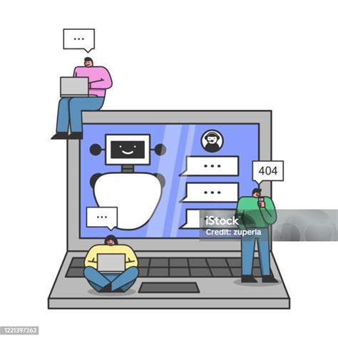 인공 지능 개념 개발자프로그래밍 대화 시나리오와 챗봇 기술 및 엔지니어링 사람들은 챗봇 질문을 합니다 만화 선형 윤곽선 평면