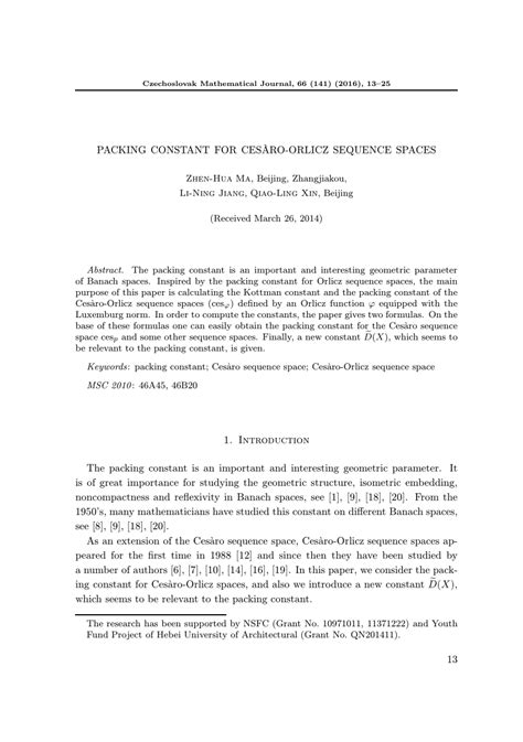 Pdf Packing Constant For Cesàro Orlicz Sequence Spaces
