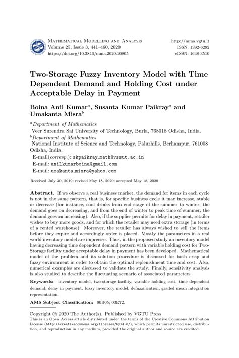 Pdf Two Storage Fuzzy Inventory Model With Time Dependent Demand And Holding Cost Under
