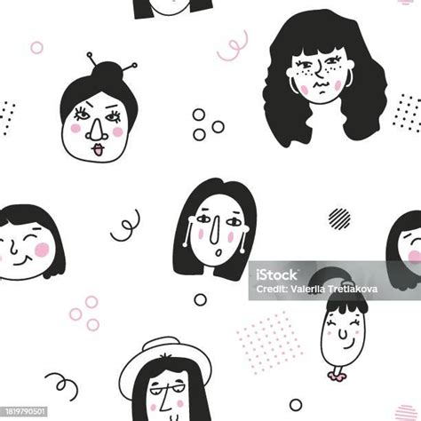 다른 여성 얼굴의 완벽 한 패턴 흰색 배경에 고립 된 아바타 카드 파티 디자인 전단지 포스터 장식 배너 웹 광고에 대 한 벡터 일러스트 레이 션 개념에 대한 스톡 벡터 아트