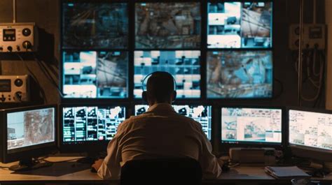 Premium Photo A Security Operator Intensely Monitors Multiple Surveillance Screens In A Dim