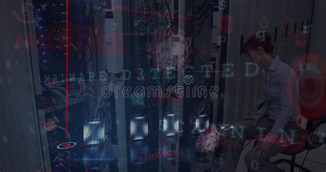 Image Of Data Processing Over Caucasian Female Worker In Server Room