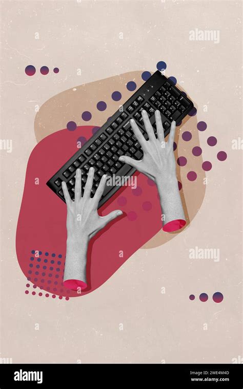 Vertical Creative Image Collage Of Anonymous Person Hands Typing Keypad Keyboard Programming