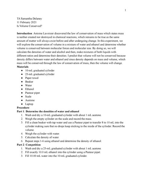 CHEM LAB Lab Report TA Samantha Delaney February Is Volume Conserved Studocu