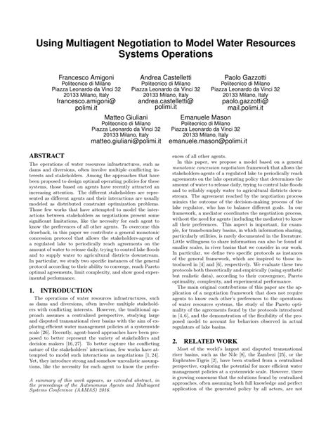Pdf Using Multiagent Negotiation To Model Water Resources Systems