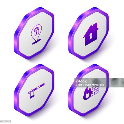 아이소메트릭 잠금 보호 중인 집 주차 차량 장벽 및 방화벽 보안 벽 아이콘을 설정합니다 보라색 육각형 버튼 벡터 3차원 형태에