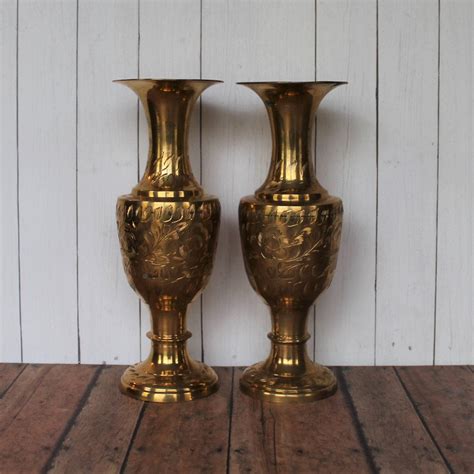 Vintage Brass Vase Set Of 2 Matching 8 Brass Vases With Etched Floral