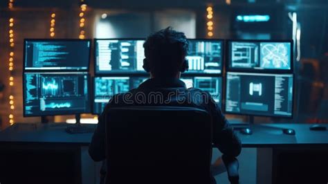 Programmer Working On Multiple Monitors In Modern Office Environment