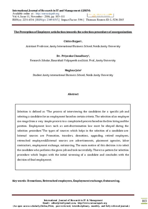 Pdf The Perception Of Employee Satisfaction Towards The Selection Procedure Of An Organization