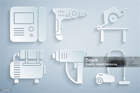 전기 산업용 건조기 목공 용 테이블 톱 공기 압축기 진공 청소기 드릴 기계 및 하우스 인터콤 시스템 아이콘을 설정합니다 벡터 3차원 형태에 대한 스톡 벡터 아트 및 기타