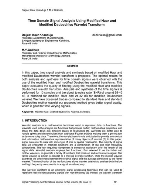 Time Domain Signal Analysis Using Modified Haar And Modified Daubechies Wavelet Transform Pdf