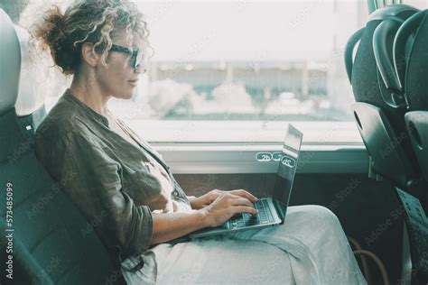 One Woman Working On Bus With Laptop During Passenger Travel Businesswoman Modern Lifestyle