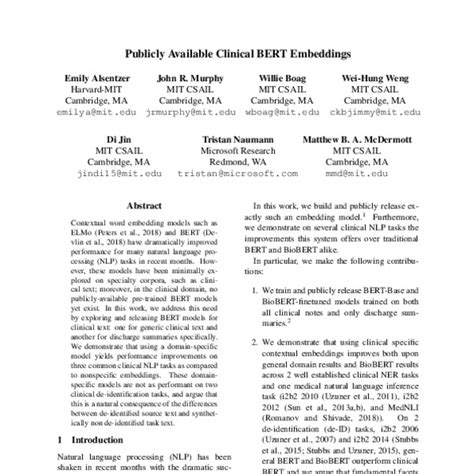 Publicly Available Clinical Bert Embeddings Acl Anthology