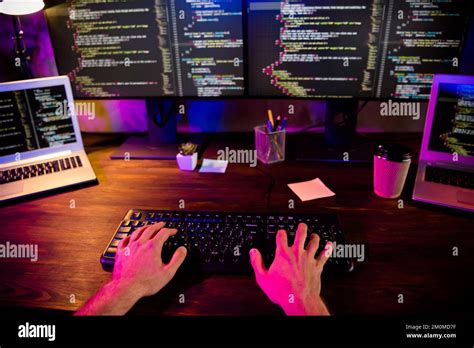 Photo Of Guy Hands Arms Working Front Back End Programming Indoors Workstation Workshop Home