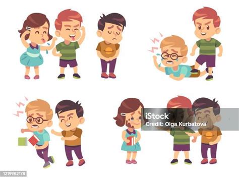 아이들이 왕따 어린이 사이의 언어적 신체적 사회적 갈등 전투 학대 싸움과 조롱 동급생 만화 벡터 문자 아이에 대한 스톡 벡터 아트 및 기타 이미지 Istock