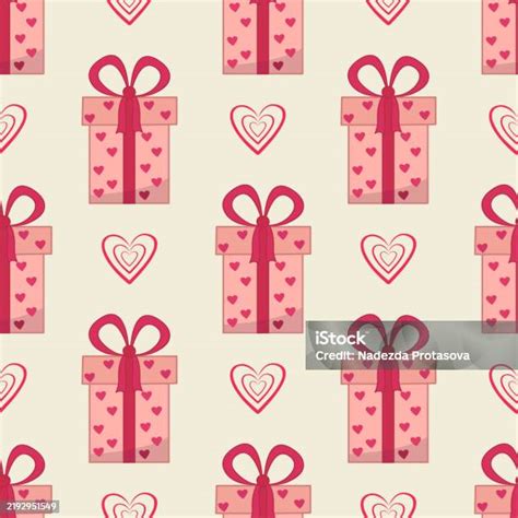 선물과 마음을 가진 완벽 한 패턴 발렌타인 데이를 위한 패브릭 질감 선물과 하트가 있는 배경 발렌타인 데이에 대 한 로맨틱한 벡터 배경 2월에 대한 스톡 벡터 아트 및 기타