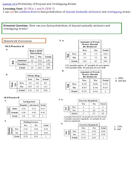 Lesson 10 4 Probability Of Disjoint And Overlapping Events Pdf Probability Playing Cards