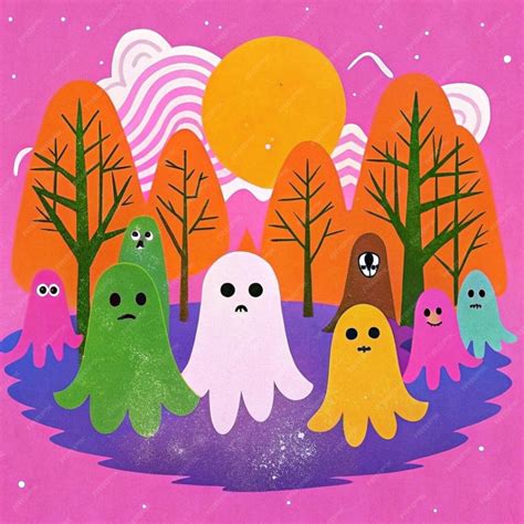 A Colorful Illustration Of A Forest With Ghost Ghost And Trees
