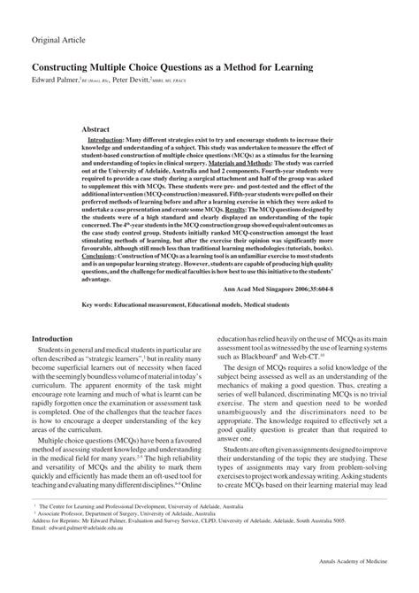 Pdf Constructing Multiple Choice Questions As A Method For Learning