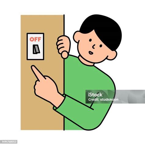 전등 스위치를 가리키는 남자 전기를 절약하기 위해 꺼짐 환경 전력 및 에너지 절약 개념 만화 플랫 벡터 그림입니다 벡터에 대한 스톡 벡터 아트 및 기타 이미지 Istock