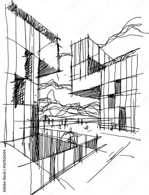 Hand Drawn Architectural Sketch Of A Modern Abstract Architecture With People Around Stock