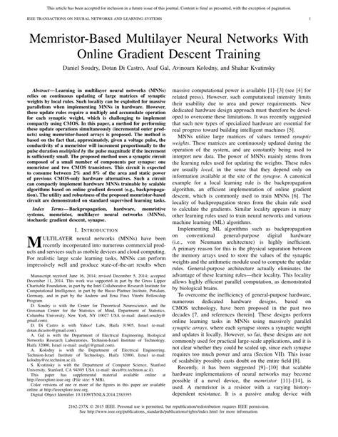 Pdf Memristor Based Multilayer Neural Networks With Online Gradient Descent Training