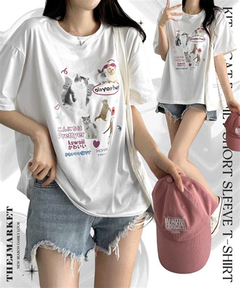 [레귤러핏 키치한무드დ귀여운 고양이 빈티지나염 반팔티] 키치냥패밀리반팔티 에이블리