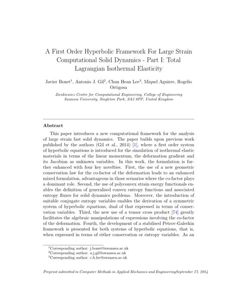 Pdf A First Order Hyperbolic Framework For Large Strain Computational