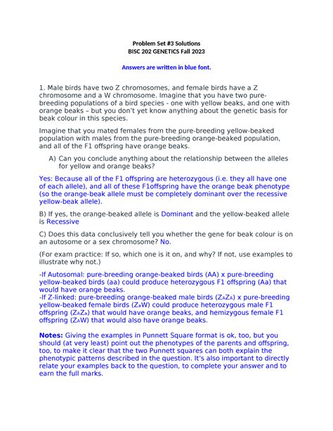 BISC 202 Problem Set 3 Key Problem Set 3 Solutions BISC 202 GENETICS Fall 2023 Answers Are