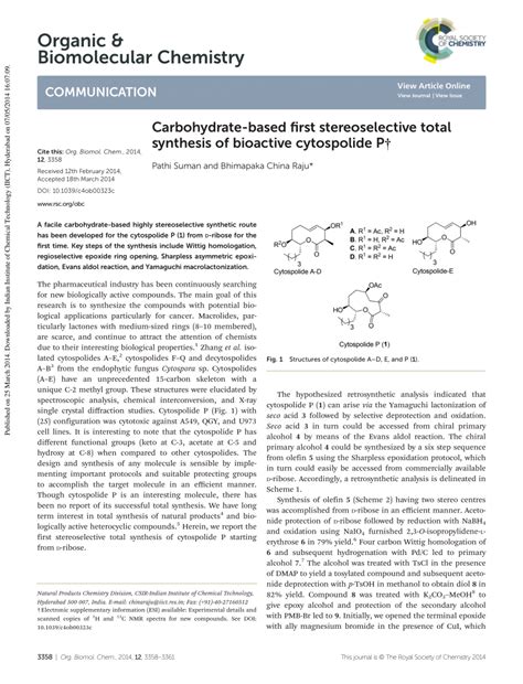 Pdf Carbohydrate Based First Stereoselective Total Synthesis Of Bioactive Cytospolide P