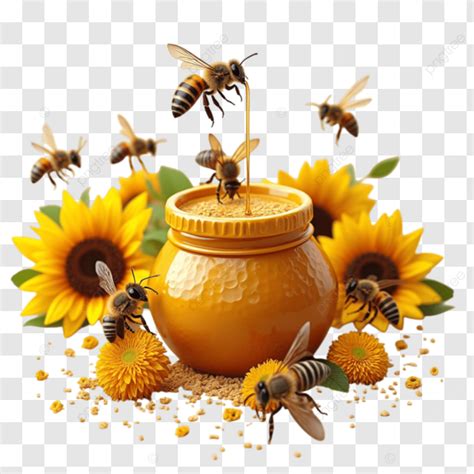 Honey Pot Surrounded By Sunflowers And Bees Symbolizing Sweetness
