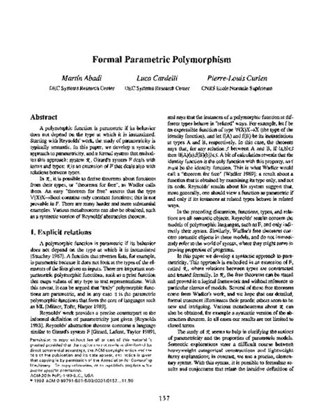 Pdf Formal Parametric Polymorphism