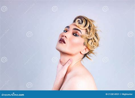 Naked Shirtless Non Binary Portrait Of Asian Man With Luxurious Blonde
