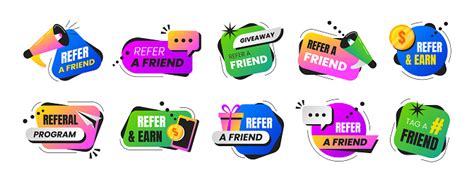 친구에게 배지 추천 프로그램 스티커 또는 마케팅 디자인 라벨을 추천하세요 개체 그룹에 대한 스톡 벡터 아트 및 기타 이미지 개체 그룹 공유 개념 기민 Istock