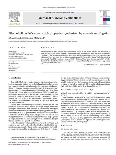 Pdf Effect Of Ph On Zno Nanoparticle Properties Synthesized By Solgel Centrifugation