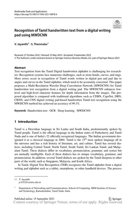 Recognition Of Tamil Handwritten Text From A Digital Writing Pad Using Mwdcnn Request Pdf