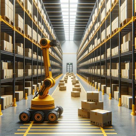 Autonomous Yellow Robots With Packages In Futuristic Warehouse Setting Smart Logistics Ai