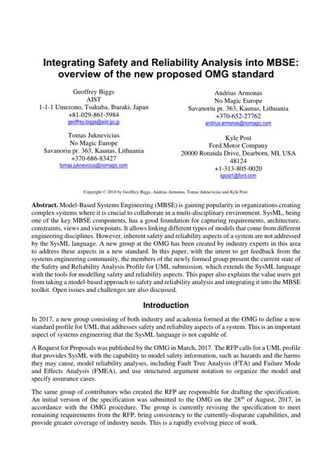 Pdf Integrating Safety And Reliability Analysis Into Mbse Overview Of The New Proposed Omg